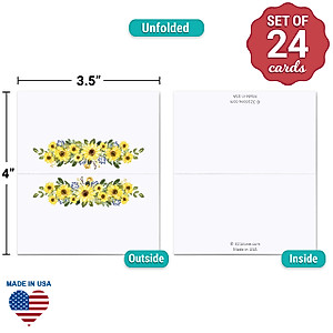 321Done Sunflower Place Cards, Made in USA - Blank Small 3.5x2 for Name Food Table Setting Dinner Party Seating Wedding Reception Buffet Tent Style Rustic Floral on White - Set of 24
