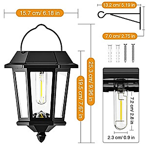 2 Pack Solar Lanterns Outdoor Waterproof Hanging Lights, Metal Solar Hanging Lanterns Outdoor with Clear Glass & Hook, Anti-Rust LED Solar Wall Lantern Sconce Light Fixture for Garden, Porch, Fence