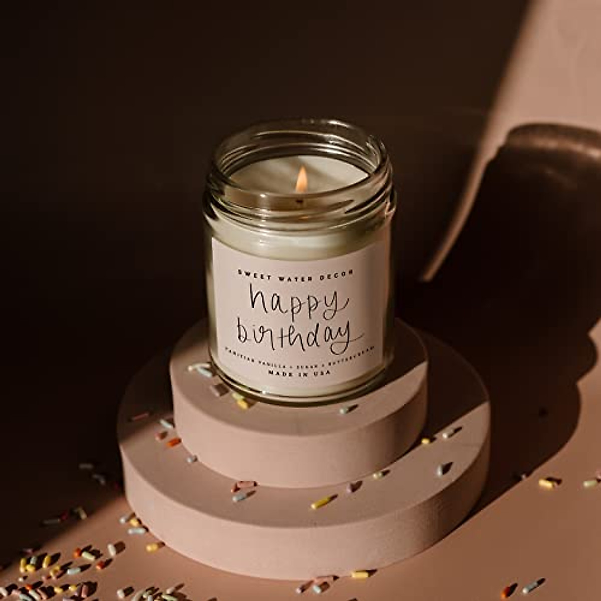 Sweet Water Decor, Happy Birthday, Vanilla, Sugar, and Buttercream, Sweet Scented Soy Wax Candle for Home | 9oz Clear Jar, 40 Hour Burn Time, Made in the USA