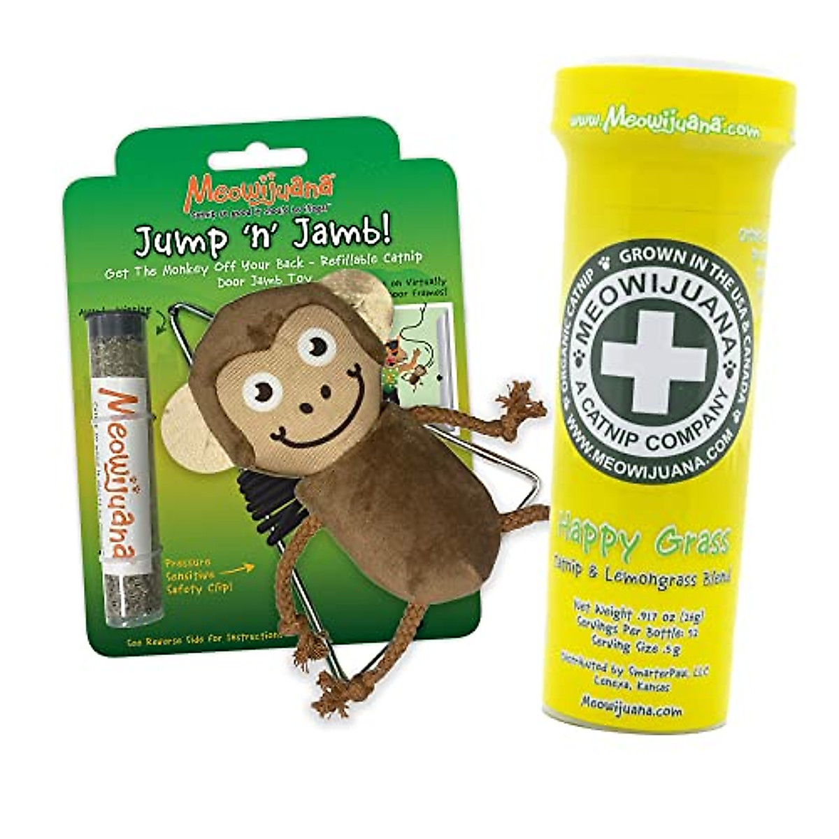 Meowijuana | Radi-Claw Bundle | Jump 'n' Jamb Monkey Door Hanger Toy and Happy Grass Catnip Blend | Promotes Play and Cat Health | Includes Organic Catnip