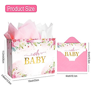 13” Large Baby Gift Bags with Tissue Paper & Greeting Card (oh BABY & Floral), Gift Bags Lager Size for Baby Girl Shower, New Parents, Newborn, 1st Birthday, Gender Reveal Party-Pink