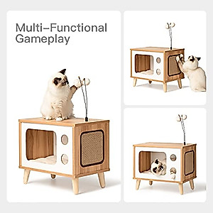 Cat House Wooden Cat Condo Cat Bed Indoor TV-Shaped Sturdy Large Luxury Cat Shelter Furniture with Cushion Cat Scratcher Bell Ball Toys