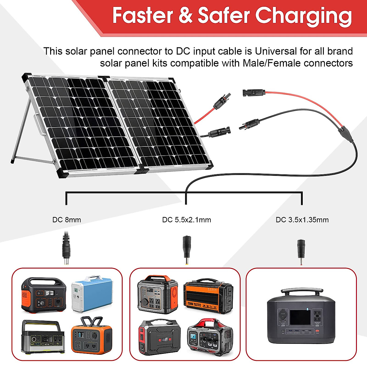 PAEKQ Solar Panel to 5.5x2.1mm Adapter Cable, DC 5.5x2.1mm Connector with DC 8mm, DC 5.5x2.5mm and DC 3.5x1.35mm Converter for Portable Power Station GZ Yeti Jackery Solar Generator- 14AWG 6Ft