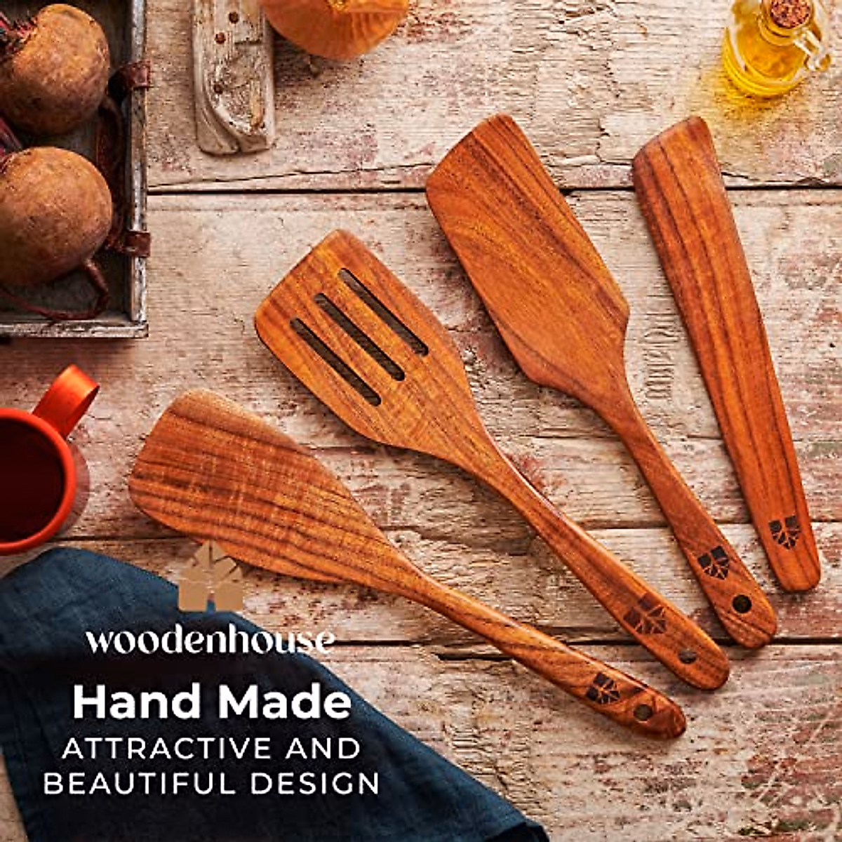Wooden Spatula for Cooking, Kitchen Spatula Set of 4, Natural Teak Wooden Utensils including Wooden Paddle, Turner Spatula, Slotted Spatula and Wood Scraper. Nonstick cookware.