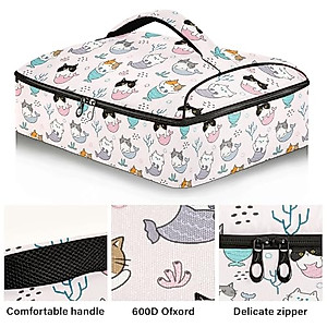 Kcldeci Insulated Thermal Food Carrier Insulated Casserole Carrier for Hot or Cold Food,Cartoon Mermaid Cat Insulated Tote Bag for Potluck Cookouts Parties Picnic,Lasagna Lugger