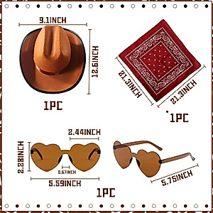 JeVenis Brown Cowgirl Hat Girls Cowboy Hat Kids Western Cowgirl Hat Bandana heart shape Sunglasses for Birthday Party