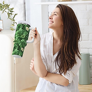 Slewiaeky Tumbler with Handle 40 oz Plant Palm Leaf Vintage Travel Mug with Lid and Straw Hibiscus Stainless Steel Vacuum Insulated Water Bottle Cup for Iced Tea Coffee Cold Beverages Cup Holder Frie