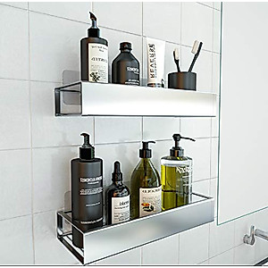 Roseyat Bathroom Adhesive Shower Caddy Basket Shelf with Hooks, No Drilling Removable Bathroom Shelf Organizer,Stainless Steel Rustproof Shower Rack for Shampoo Storage, Sponge Holder-Silver