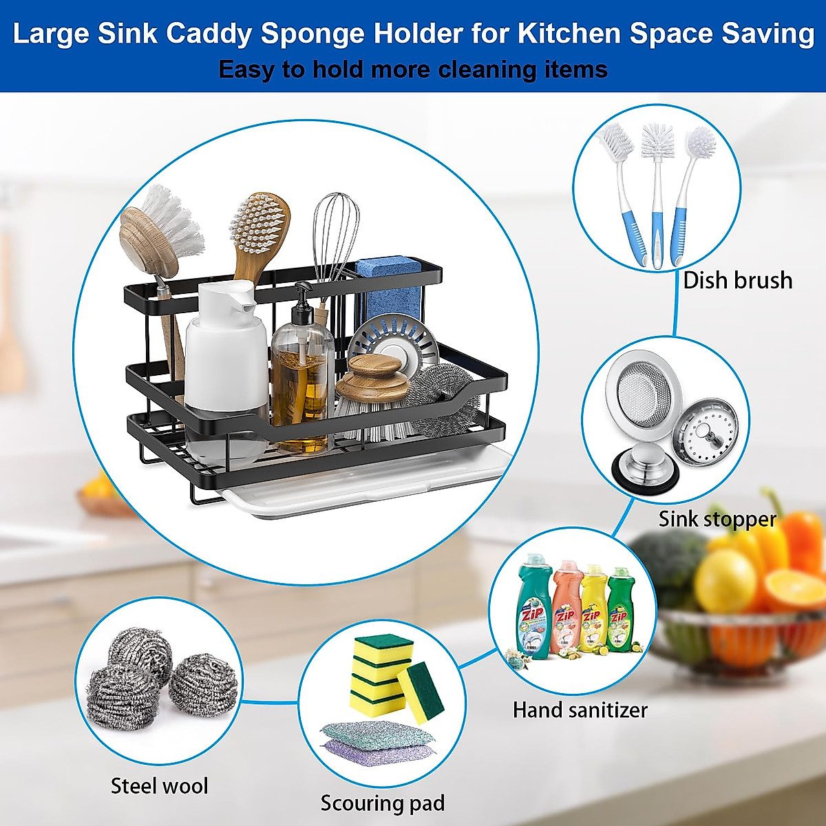 Sponge Holder Kitchen Sink Caddy Organizer, Large Stainless Steel Sink Tray Drainer Rack, Countertop Soap Dish Dispenser Brush Holde with Removable Drain Tray - Not Including Dispenser, Sponge, Brush