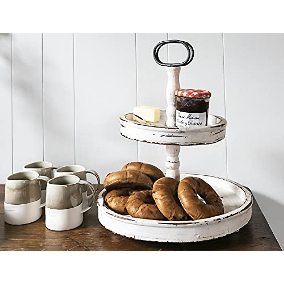 Creative Co-op EC0125 Distressed Wood 2-Tier Tray with Metal Handle, Cream