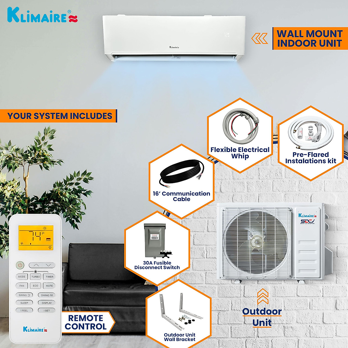 Klimaire 36,000 BTU 19 SEER2 Wall Mounted Ductless Mini Split Inverter A/C Heat Pump System w/ 16’ Installation Kit & Wall Mounting Bracket 230V