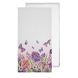Purple Butterfly Floral Kitchen Hand Towels Set of 2 Spring Flowers Bath Towel Dish Cloth Washcloth for Spring Summer Seasonal Decor Kitchen Bathroom Absorbent Soft
