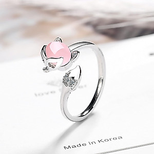 Fashion Inlaid Zircon Ring for Women Cute Fox Statement Ring Opening Ring (Silver, One Size)