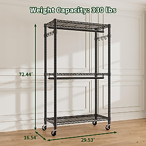 SEMHOR S3-M Portable Closets Rolling Clothes Rack 3 Tier Heavy Duty Clothing Rack with 2 Hanging Rod and 2 Side Hooks, Freestanding Adjustable Wardrobe Garment Rack for Bedroom Laundry