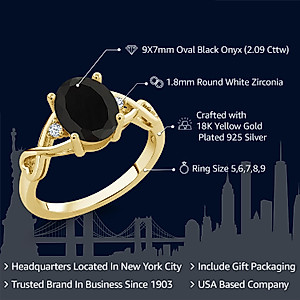 Gem Stone King 18K Yellow Gold Plated Silver Black Onyx Ring For Women (2.09 Cttw, Oval 9X7MM, Gemstone Birthstone, Available in size 5, 6, 7, 8, 9)