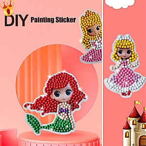 FLYSONG 5D DIY Diamond Art Stickers Kits for Kids, 24 PCS Cute Cartoon Princess Diamond Art Painting Stickers Beads Gem Making for Beginners Children