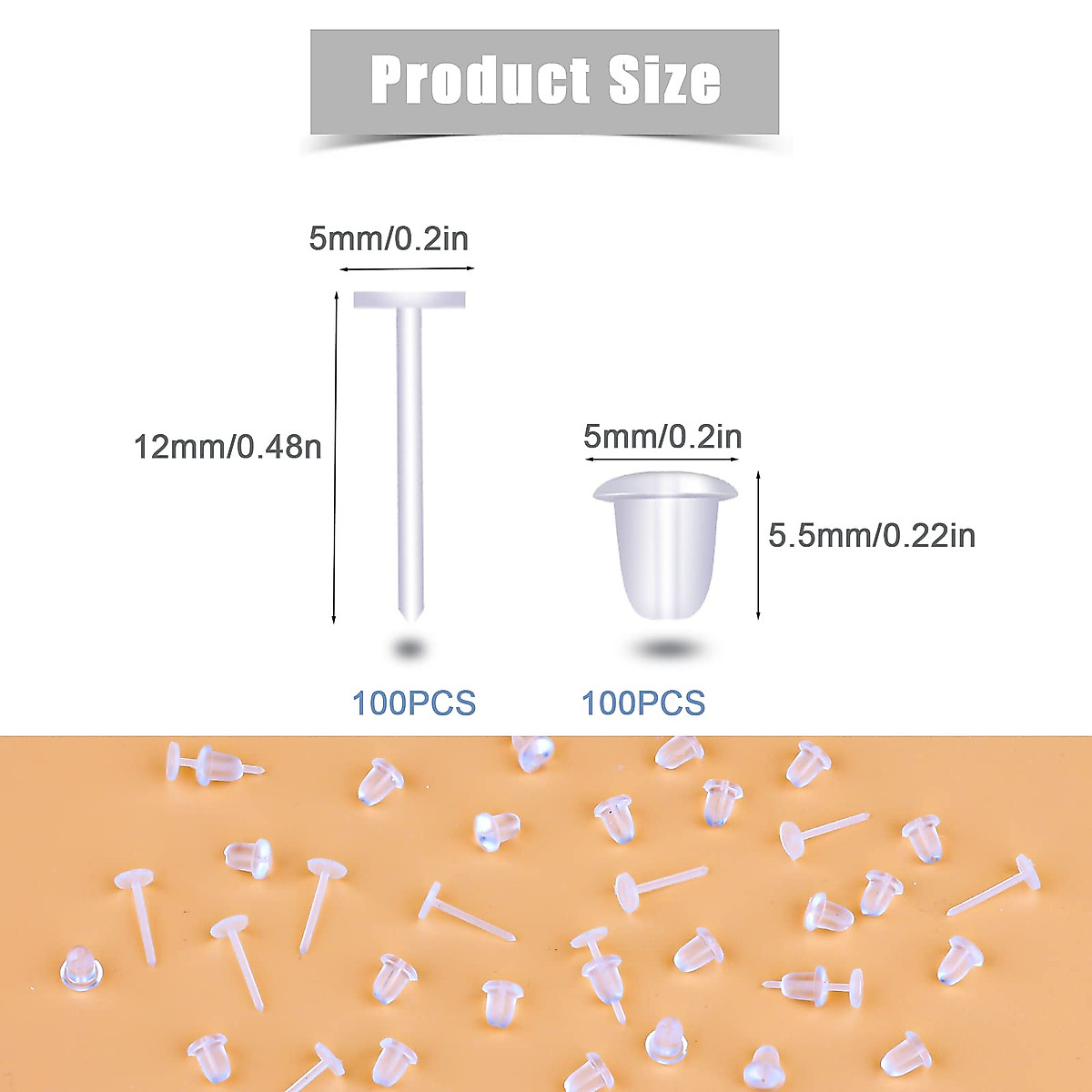 SAVITA 100 Pairs of Transparent Plastic Earring Post Replacements, Transparent Ear Pins and Earring Backs for Men Women (5mm)