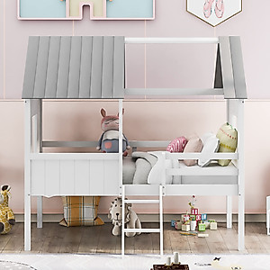 Aiuyesuo Playhouse Design Twin Size Low Loft Bed, Wood House Bed Frame with Two Side Windows,Roof and Full-Length Guardrail for Kids Teens Bedroom, Easy Assembly (White+Gray)