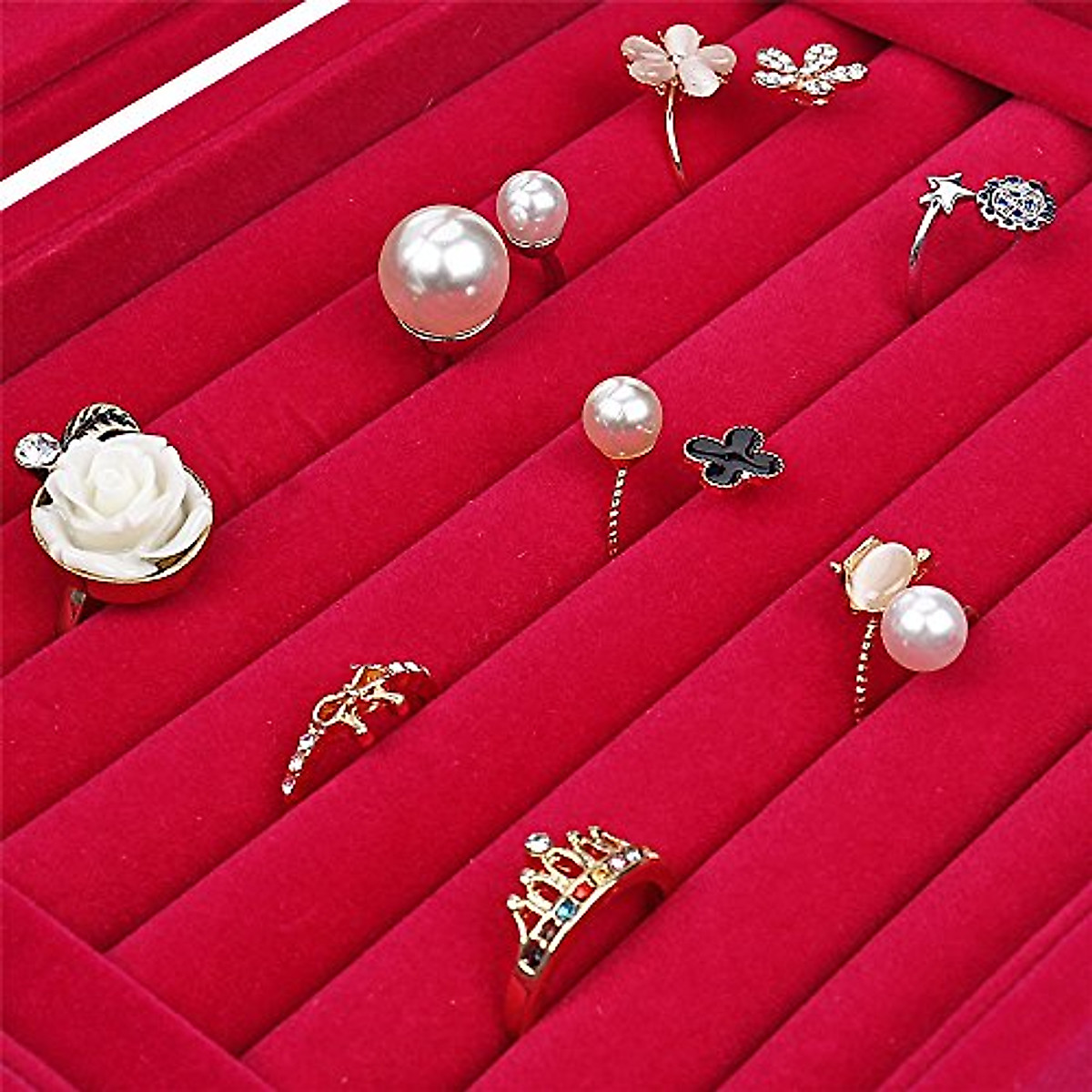 GSLSTGS Velvet Glass Jewelry Display Storage Box Ring Earrings Jewelry Box Ring Holder Case, 2 clasps (Red)