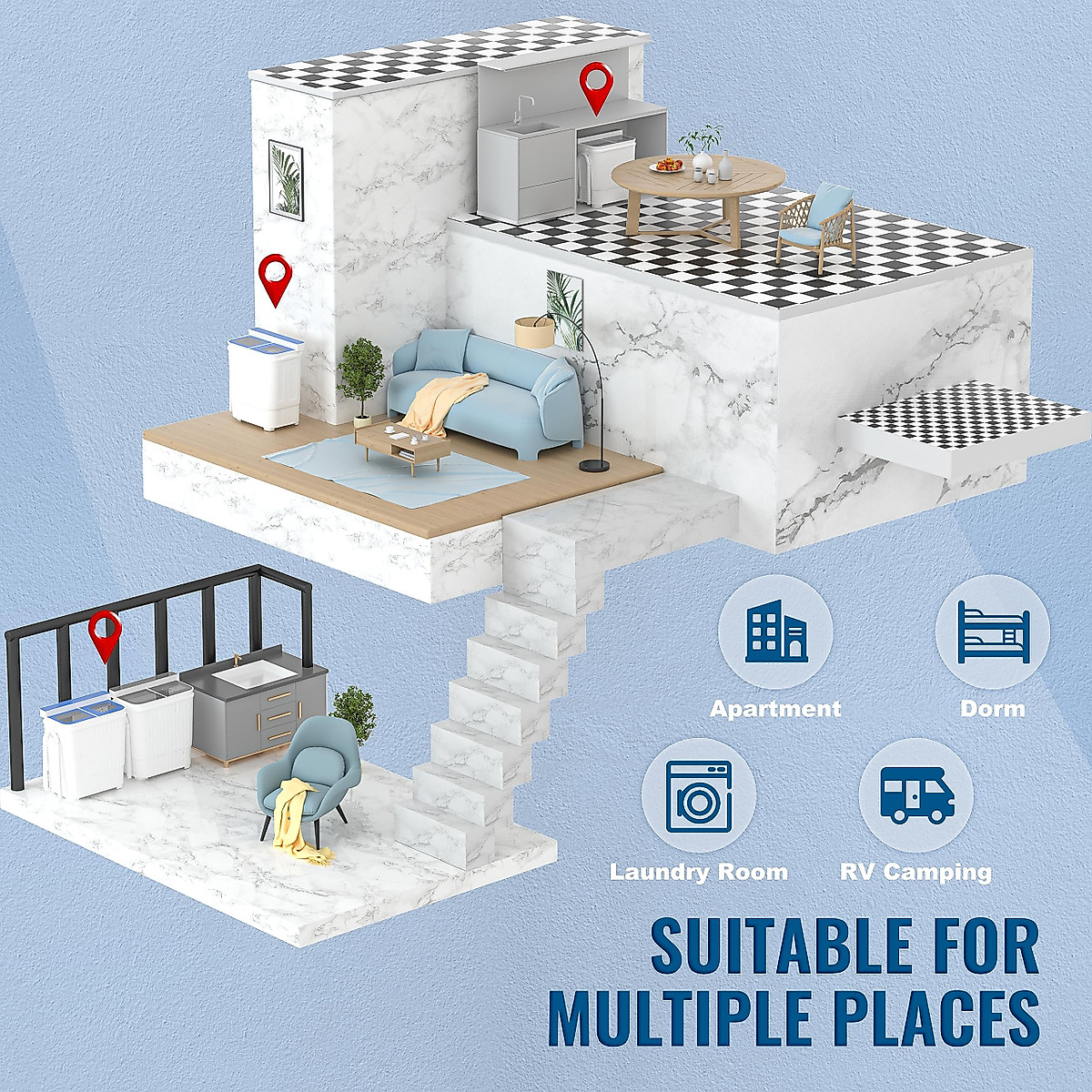 Superday 21.6 LBS Portable Washing Machine, 2 In 1 Mini Compact Twin Tub Washer and Spin Dryer with Built-in Gravity Drain Time Control, 9 Lbs Spinner Load Capacity for Home/Apartment/Dorms/RV(Blue)