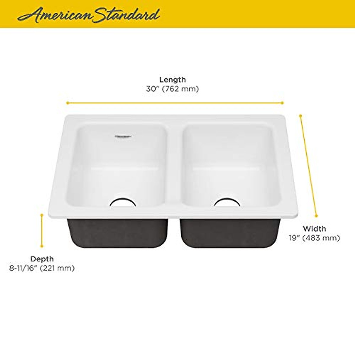 American Standard 77DB30190.308 Delancey 30x19 Double Bowl Cast Iron Kitchen Sink, Brilliant White