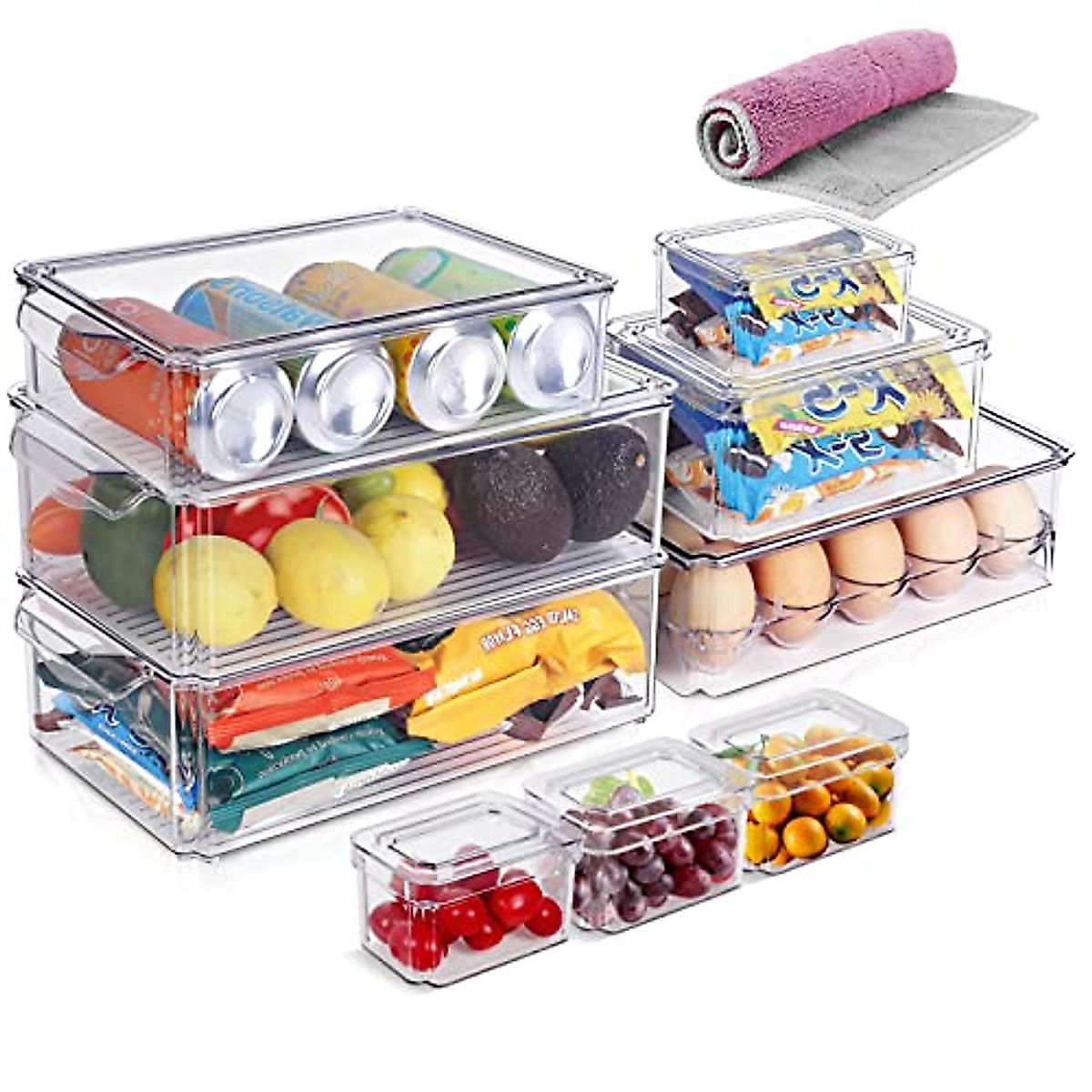 ZNM Refrigerator Organizer Bins, Stackable Fridge Organizer for Pantry Organization, Clear Plastic Storage Bins with Handle & Lid for Freezer, Kitchen, Countertops, Cabinets- BPA Free(Set of 9)