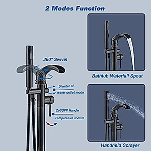 Votamuta Modern Dual Function Floor Mount Tub Filler Freestanding Bathtub Faucet Oil Rubbed Bronze Waterfall High Flow Standing Tub Faucets With Hand Shower Head Mixer Taps