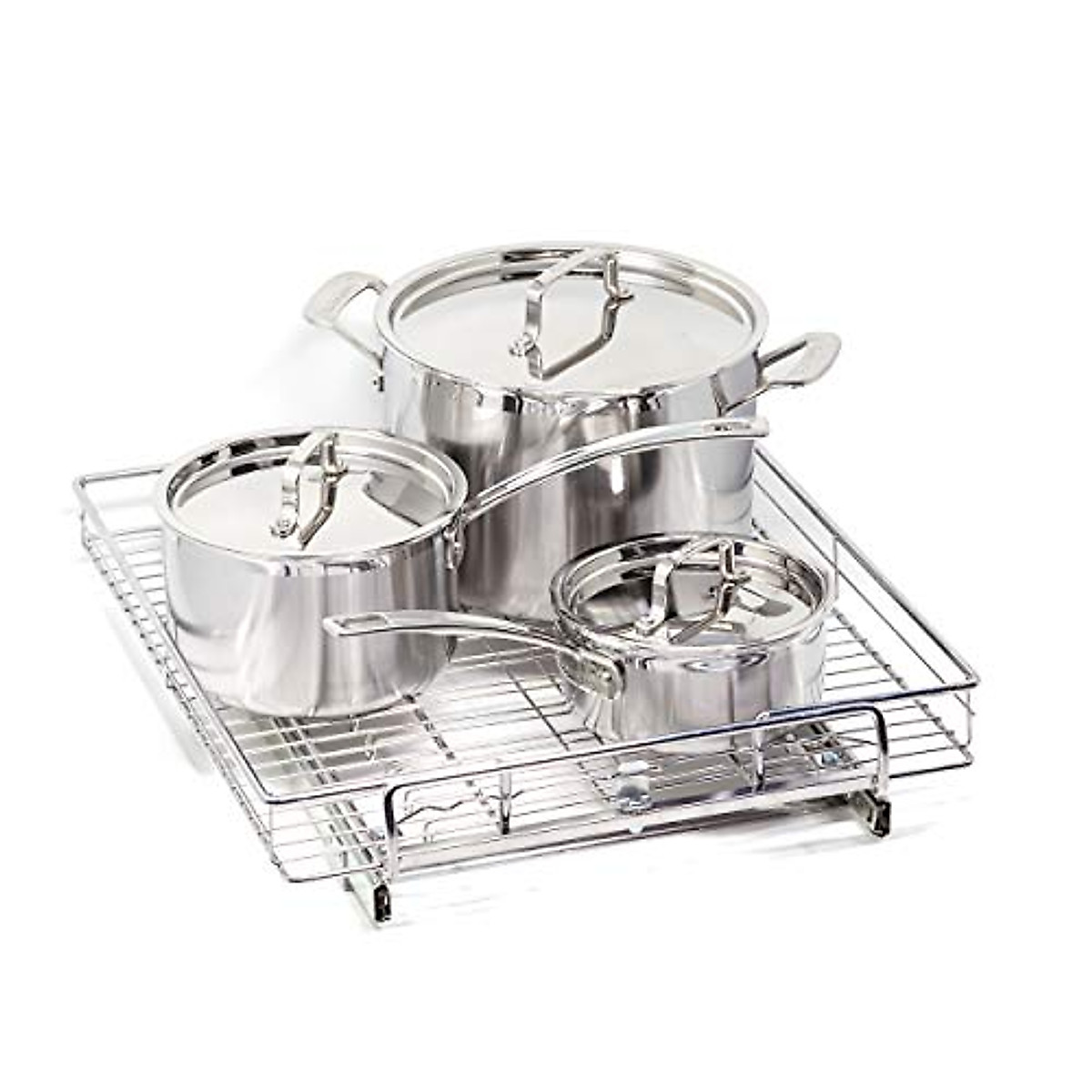 Origami Chrome One Tier 13" W x 21" D x 4”H, Slide Kitchen Adjustable Cabinet Organizer, Large, Silver