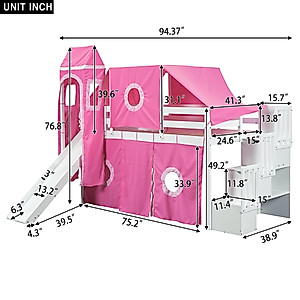 Harper & Bright Designs House Twin Loft Bed with Slide,Storage Stairs and Tent, Wood Kids Loft Bunk Bed with Tower and Ladders, Playhouse Twin Bed Frame for Kids, Teens, Boys & Girls (Twin, Pink)