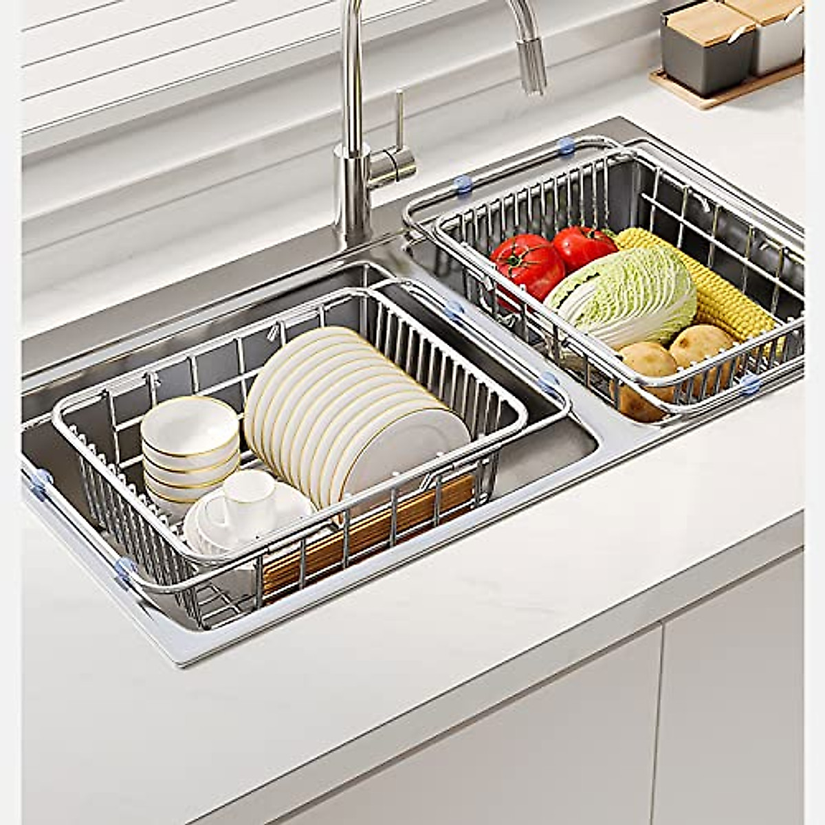 PEAKXCAN Retractable Stainless Steel Kitchen Draining Rack, Sink Draining Basket, Fruit and Dish Rack, Dish Washing Basket, Draining Bowl Rack
