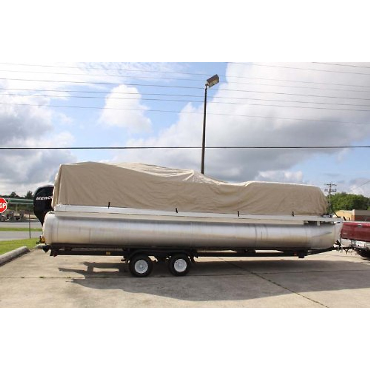 Vortex Direct 26' Tan/Beige Pontoon Boat Cover, Has Elastic and Straps, Fits 24'1" to 25' to 26' Long Deck Area, Up to 102" Beam
