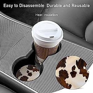 Absorbent Car Coasters 2 Pack for Women/Men,Cow Hide Car Coaster for Drinks,Ceramic Stone Car Cup Holder with A Finger Notch,Farm Animal Brown Cowhide Skin Print Cow