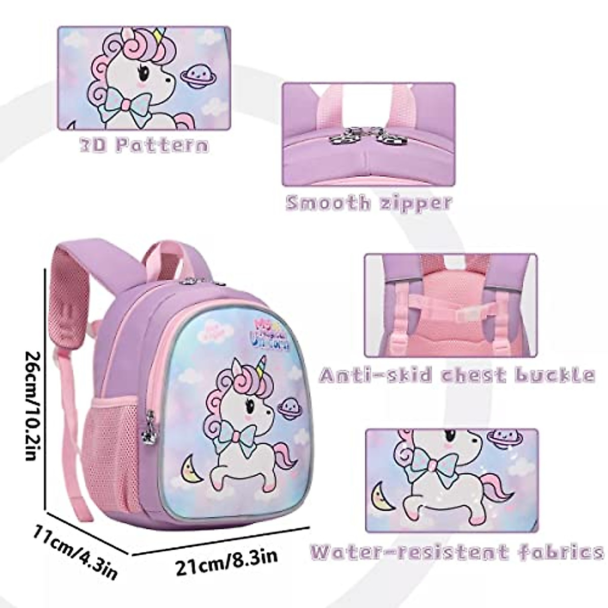 Tanou Toddler Backpack for Girls, 11 Inch Kids Backpacks for Preschool Kindergarten, Cute Cartoon Animal Style School Bag for Little Kids Aged 1-3 Years, Purple Unicorn
