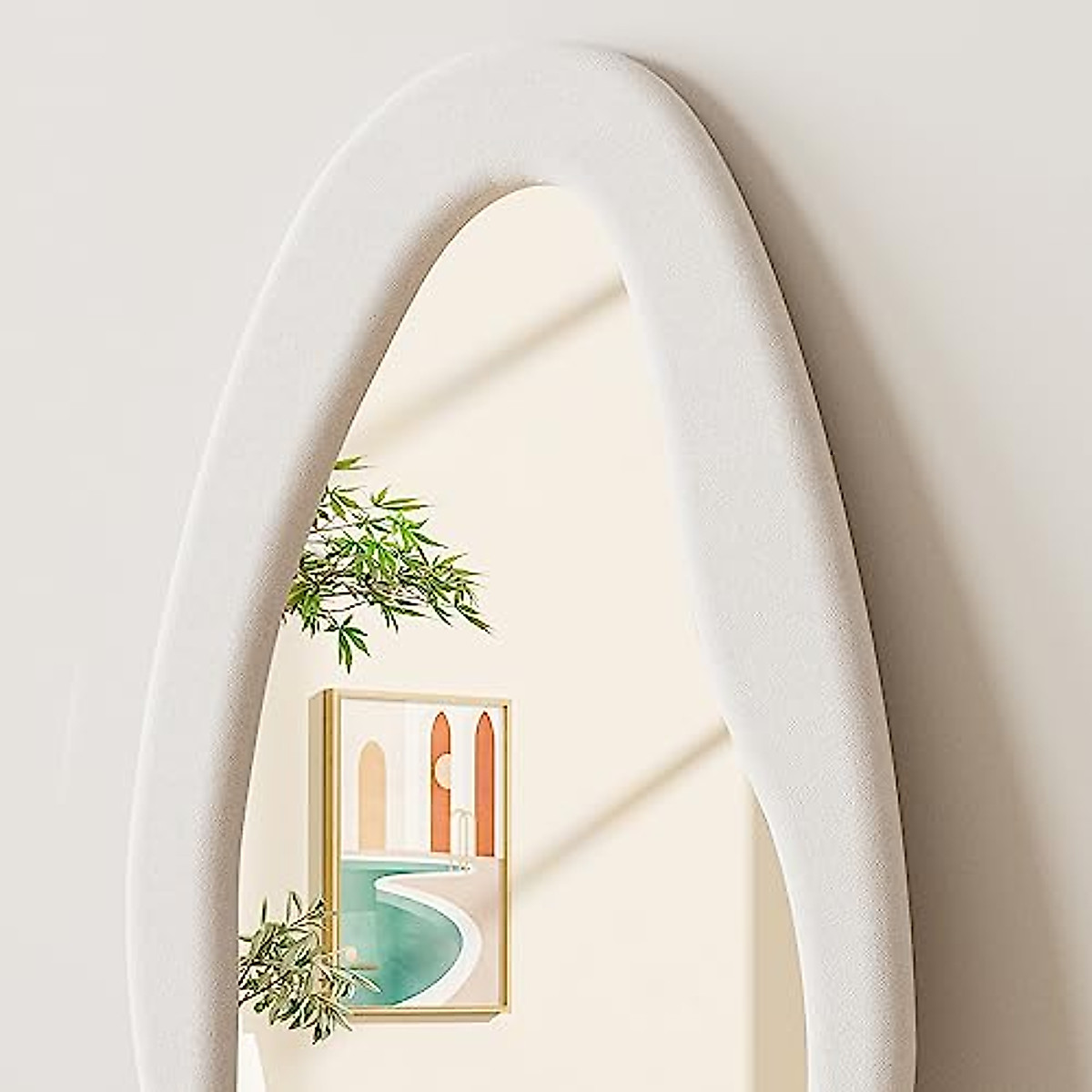 Dewfig Full Length Mirror, 63" x 24"Irregular Mirror, Large Floor Length Mirror Wall Mounted, Standing Mirror with Flannel Wrapped Wooden Frame for Bedroom/Living Room, White