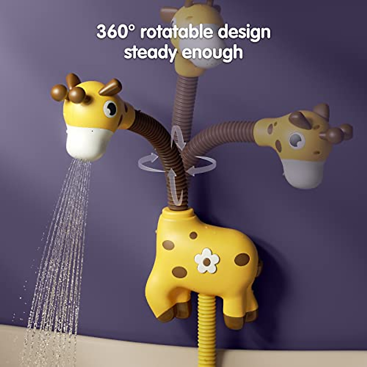 TUMAMA Baby Bath Toy with Shower Head and 3 Suction Spinner Toys, Giraffe Water Spray Squirt Shower Faucet and Bathtub Water Pump Summer Essentials for Toddlers Infants Kids,Yellow