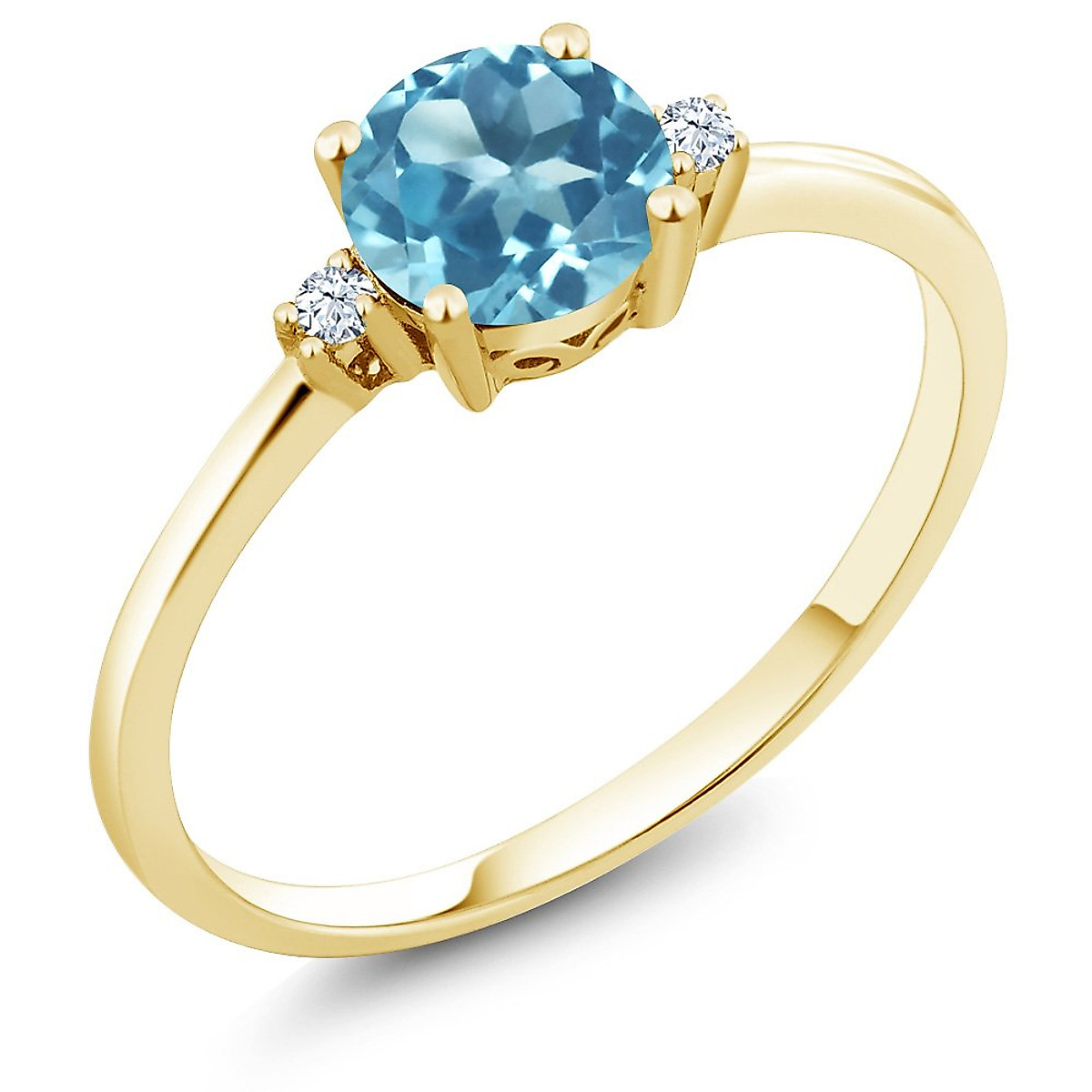 Gem Stone King 10K Yellow Gold Swiss Blue Topaz and White Created Sapphire Solitaire Engagement Ring For Women (0.93 Cttw, Round 6MM, Gemstone November Birthstone, Size 8)