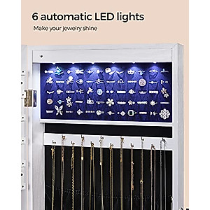 SONGMICS 6 LEDs Mirror Jewelry Cabinet, 42.5-Inch Tall Lockable Wall or Door Mounted Jewelry Armoire Organizer with Mirror, 2 Drawers, 3.7 x 14.6 x 42.5 Inches, White UJJC99WT