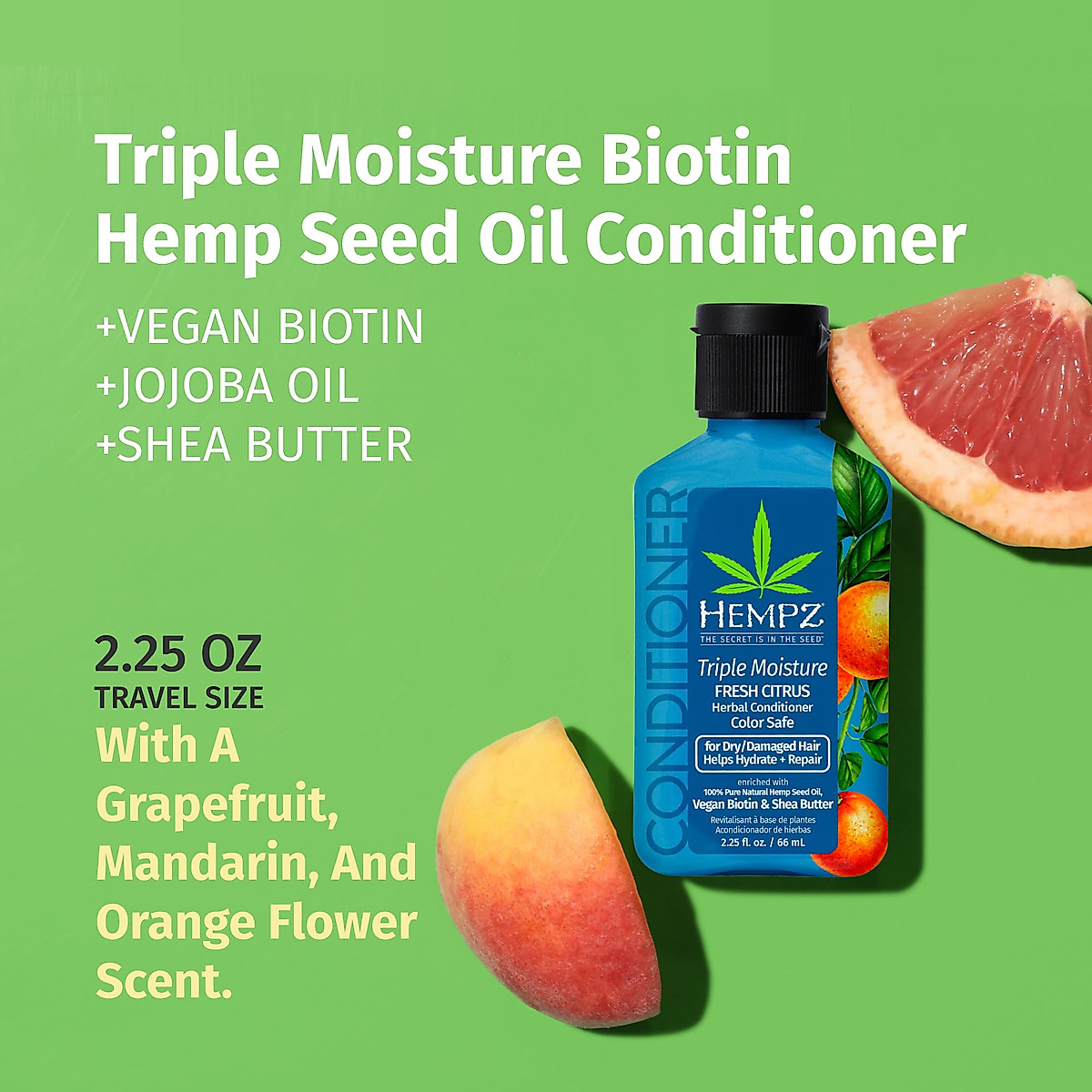 Hempz Biotin Conditioner - Triple Moisture - Peach & Grapefruit - For Growth & Strengthening of Dry, Damaged and Color Treated Hair, Hydrating, Softening, Moisturizing - Travel Size 2.25 Fl OZ