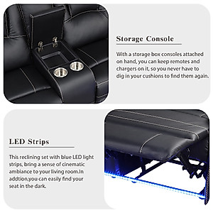 Yoglad Sectional Sofa with Recliner Manual Reclining Sectional Sofa with LED Lights Faux Leather Couch with Center Console/Cup Holders for Living Room, Home Theater, Black 102.4" Dx 97.6" W