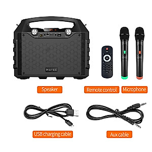 Hotec Wireless Bluetooth Portable PA Speaker System, Powerful Bluetooth Karaoke Machine with Dual Wireless Microphones for Karaoke, Wedding, Party, Teaching, Lecture, Church, Outdoor Indoor Activities