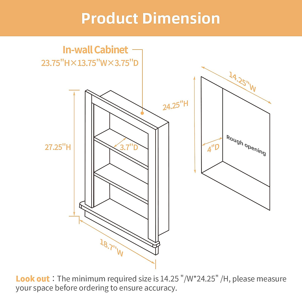 Jesantab 14 x 24 Recessed Medicine Cabinet, White Bathroom Cabinet Wall Mount, 3-Tier Wall Niche with Mirror, Shower Niche for Bathroom Storage