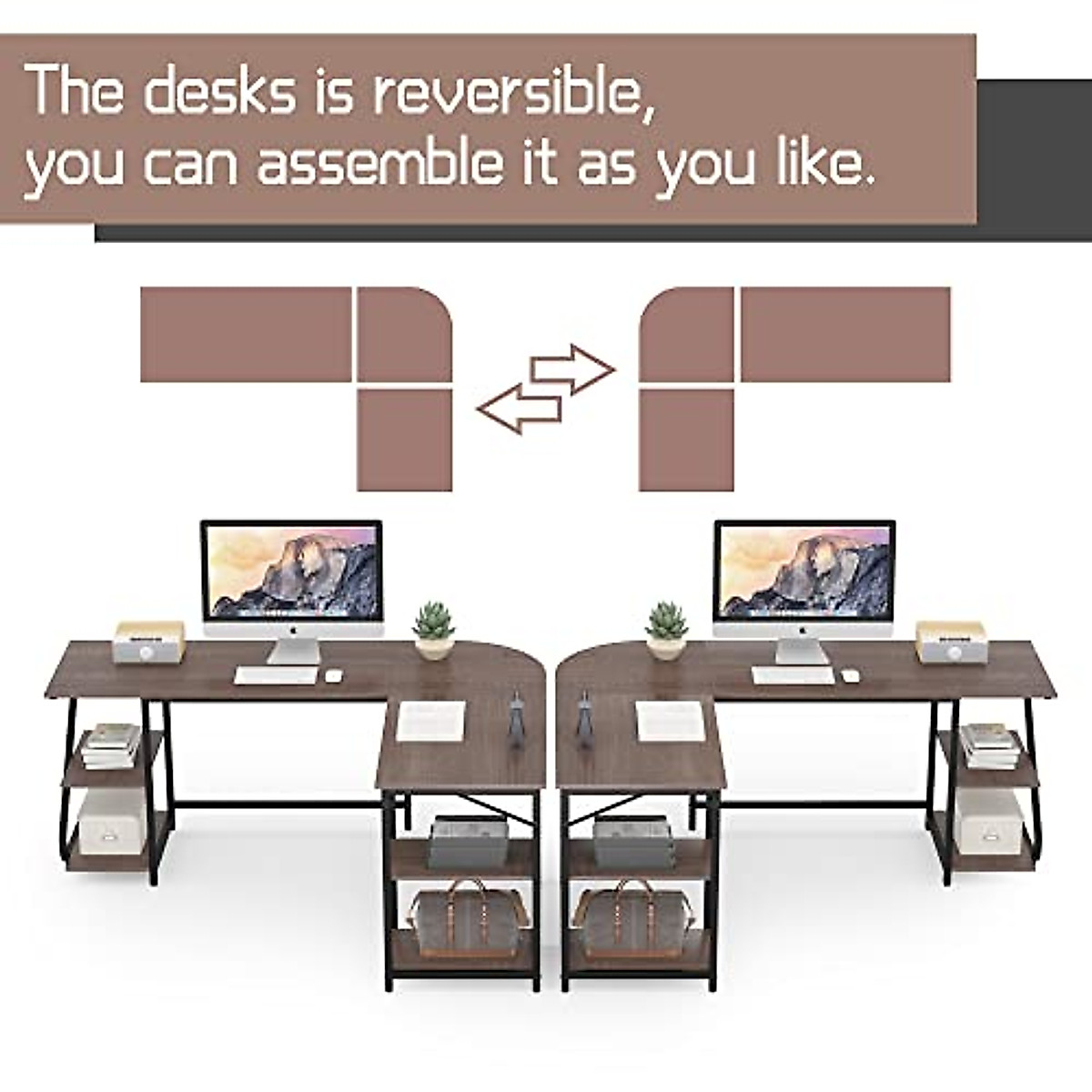 Merronix L Shaped Computer Desk with Shelves, Reversible Gaming Corner Desk, Modern Home Office Desk PC Workstation Space Saving, Dark Brown