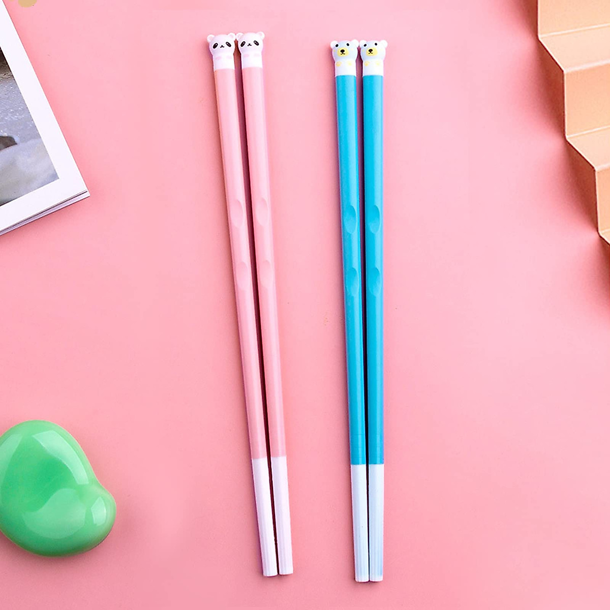 Portable Cute Chopsticks with Case 2 Pairs Reusable Traveling Silicone Chopstick Tableware Utensil for Camping (1Pink+1Blue)