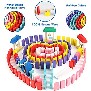 Wondertoys 600 PCS Dominoes Set for Kids Wooden Building Blocks 6 Colors Bulk Dominoes Racing Tile Games Educational Toy for Kids Birthday Party with 11 Add-on Blocks and 1 Storage Bag