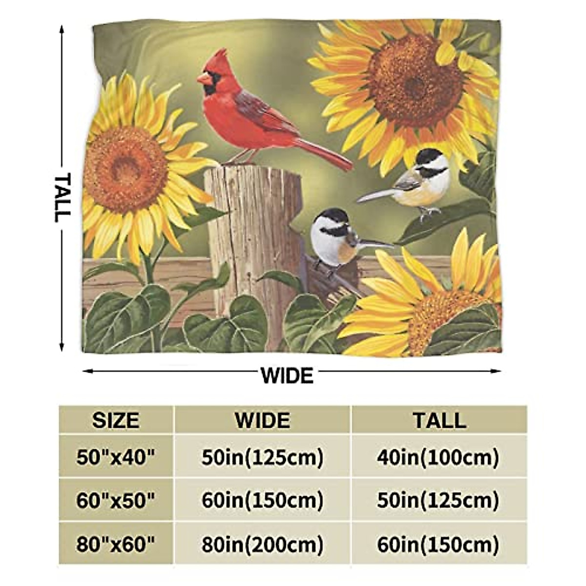 Fiokroo Rustic Sunflowers Floral Cardinal Birds Fleece Blanket Lightweight Cozy Ultra-Soft Throw Blanket Microfiber Blankets All Seasons for Home Bedroom Couch Sofa Travel 50x60 Inch