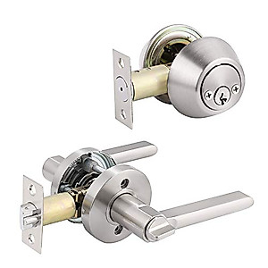 Gobrico Keyed Alike Entry Door Locksets with Double Cylinder Deadbolt Lock Combo Sets,Brushed Nickel Exterior Entrance Door Levers,Front Door Handle Sets,3 Pack