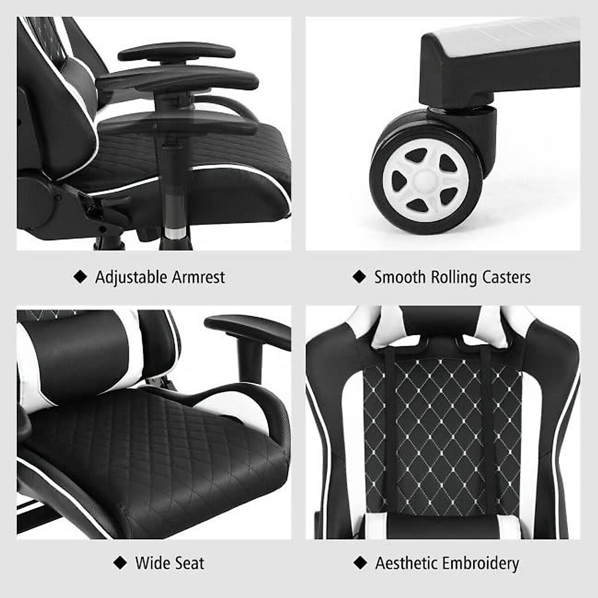 Ergonomic Gamer Desk Chair, High Back PC Computer Home Office Chair with Massage & 90°-180° Adjustable Tilt Back Height Adjustable Swivel PU Leather Executive Racing Computer Desk (Black+ White)