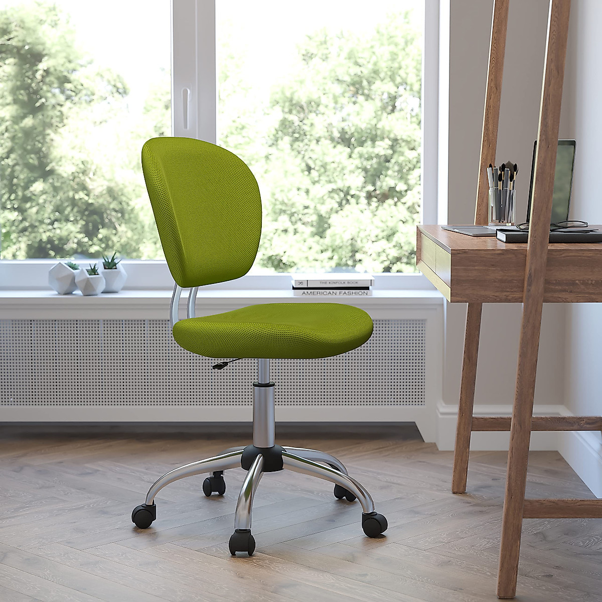 EMMA + OLIVER Mid-Back Apple Green Mesh Padded Swivel Task Office Chair with Chrome Base