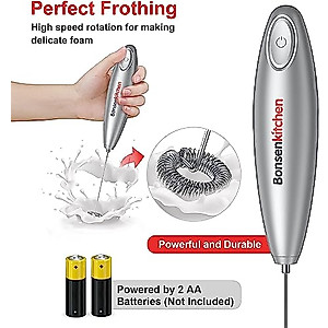 Bonsenkitchen Milk Frother Handheld, Automatic Milk Foam Maker Hand Frother for Coffee, Matcha, Hot Chocolate, Battery Operated Mini Drink Mixer-Silver