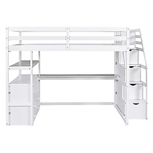 Full Loft Bed with Stairs and Desk, Wood Loft Bed Frame with Storage Cabinet, High Loft Beds with Drawers & Shelf for Kids, Juniors, Teen, Boys, Girls, White
